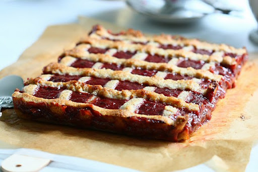 Linzertorte with Port Stewed Damsons