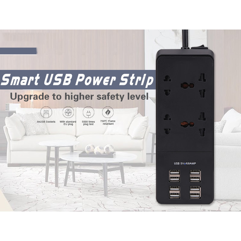 New USB Smart Socket With Switch Power Strip Wall Socket 4 AC Outlets 8 ...