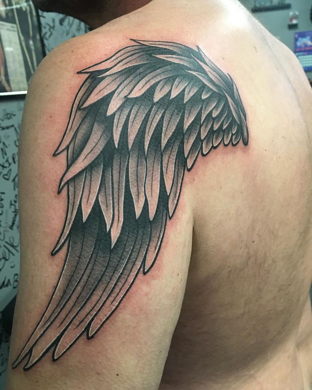 90 Shoulder Angel Wing Tattoos Feathers Of Serenity Psycho Tats